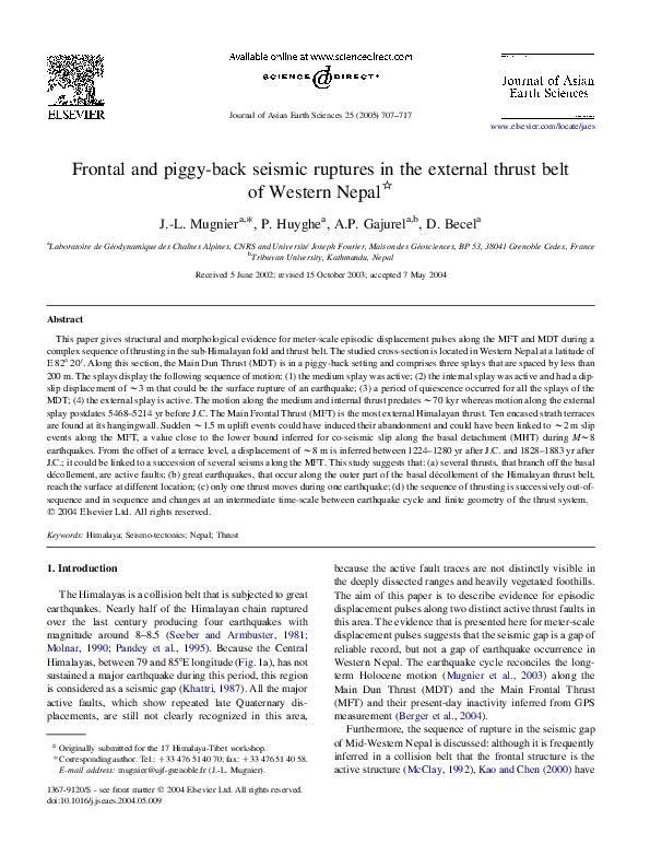 (PDF) Frontal and piggy-back seismic ruptures in the external thrust ...
