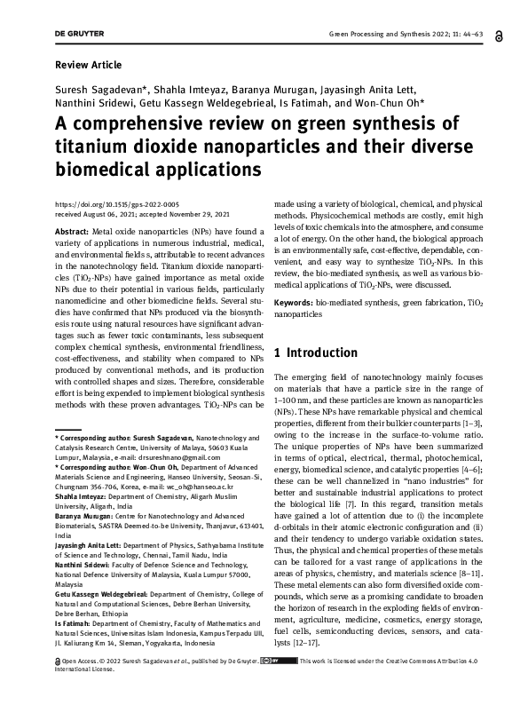 (PDF) A comprehensive review on green synthesis of titanium dioxide ...