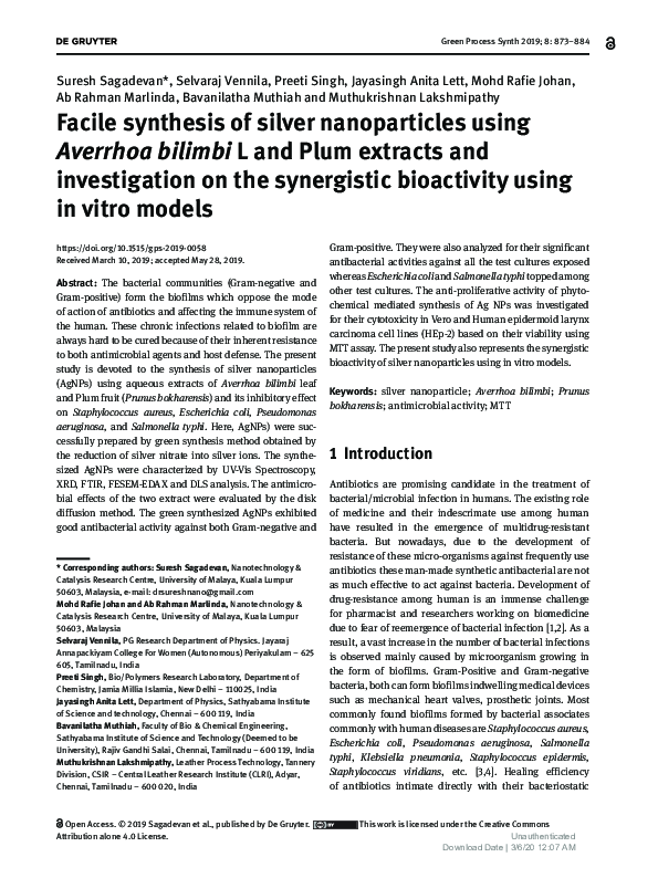(PDF) Facile synthesis of silver nanoparticles using Averrhoa bilimbi L and Plum extracts and ...