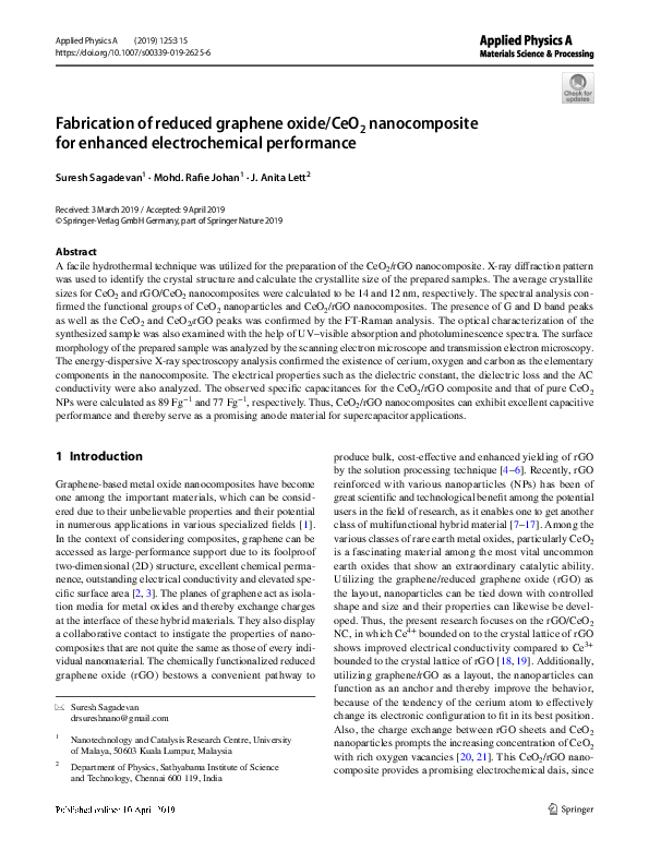 (PDF) Fabrication of reduced graphene oxide/CeO2 nanocomposite for enhanced electrochemical ...