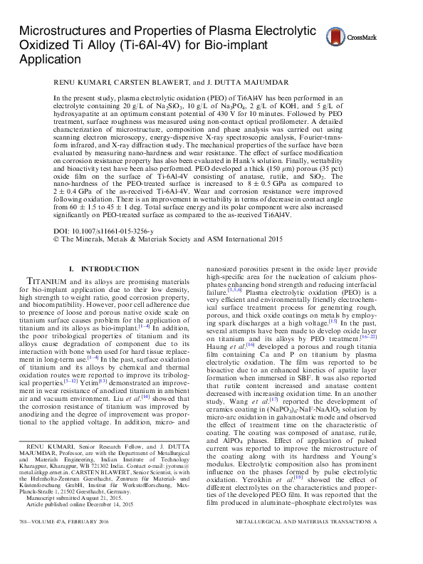 (PDF) Microstructures and Properties of Plasma Electrolytic Oxidized Ti ...