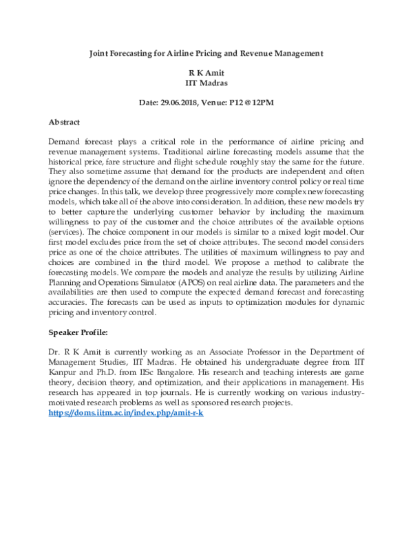 Pdf Joint Forecasting For Airline Pricing And Revenue Management