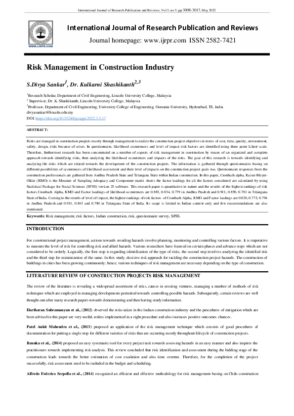 Pdf Risk Management In Construction Industry