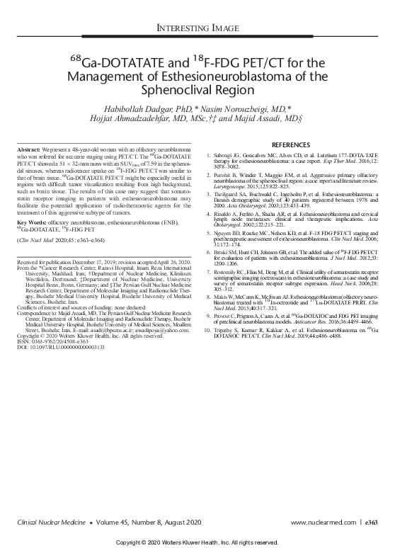 (PDF) 68Ga-DOTATATE and 18F-FDG PET/CT for the Management of Esthesioneuroblastoma of the ...
