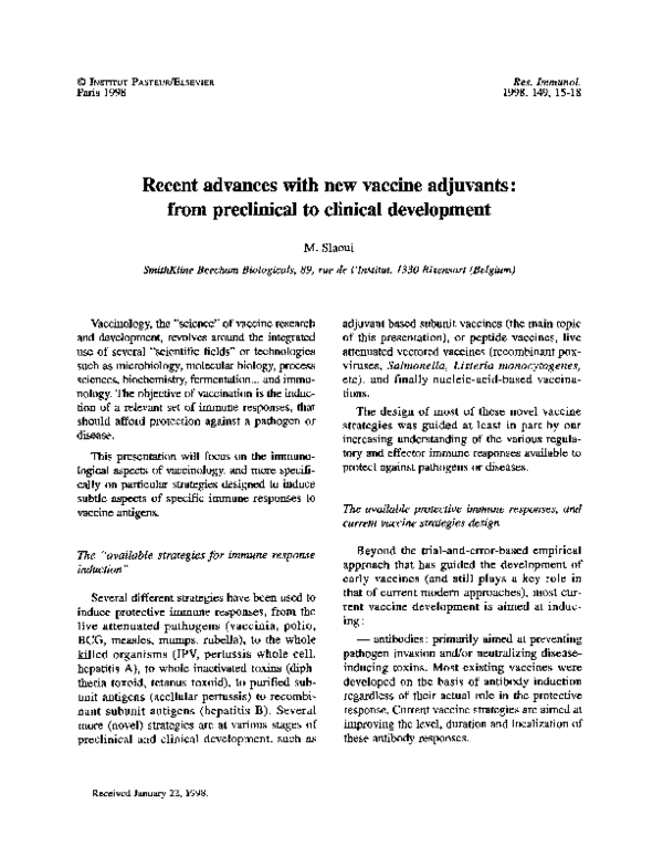 (PDF) Recent advances with new vaccine adjuvants: from preclinical to ...