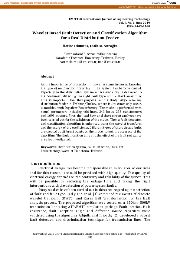 Pdf Wavelet Based Fault Detection And Classification Algorithm For A