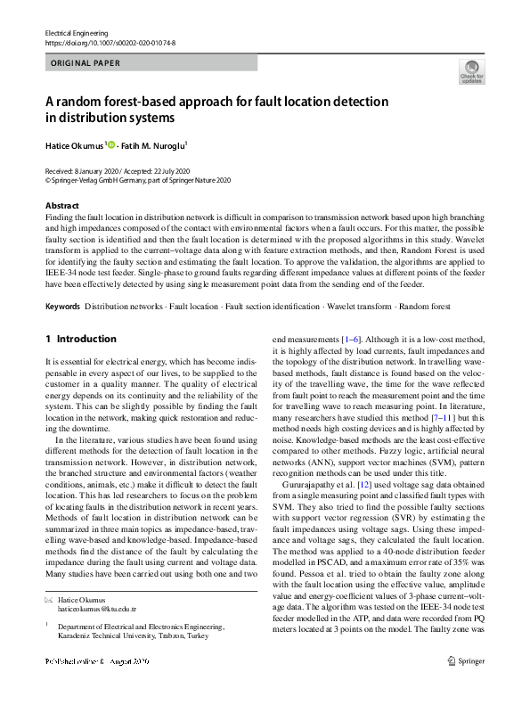 Pdf A Random Forest Based Approach For Fault Location Detection In Distribution Systems