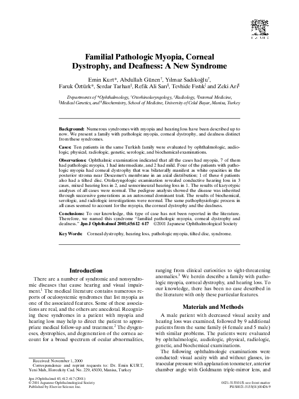 (PDF) Familial Pathologic Myopia, Corneal Dystrophy, and Deafness A New Syndrome