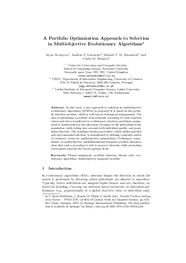(PDF) A Portfolio Optimization Approach to Selection in Multiobjective ...