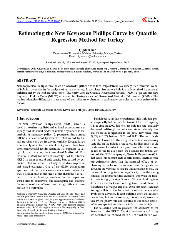 Pdf Estimating The New Keynesian Phillips Curve By Quantile Regression Method For Turkey
