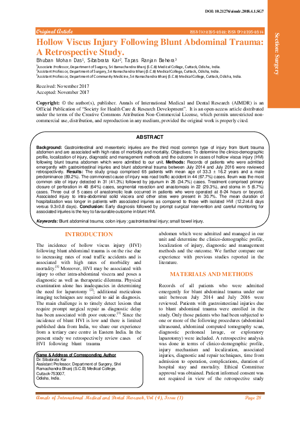 (PDF) Hollow Viscus Injury Following Blunt Abdominal Trauma: A ...