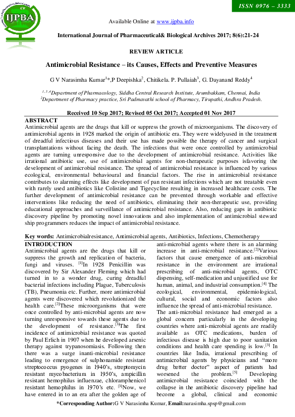 (PDF) Antimicrobial Resistance – its Causes, Effects and Preventive ...