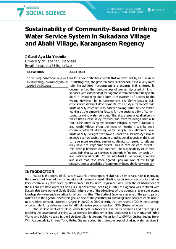 (PDF) Sustainability of Community-Based Drinking Water Service System ...