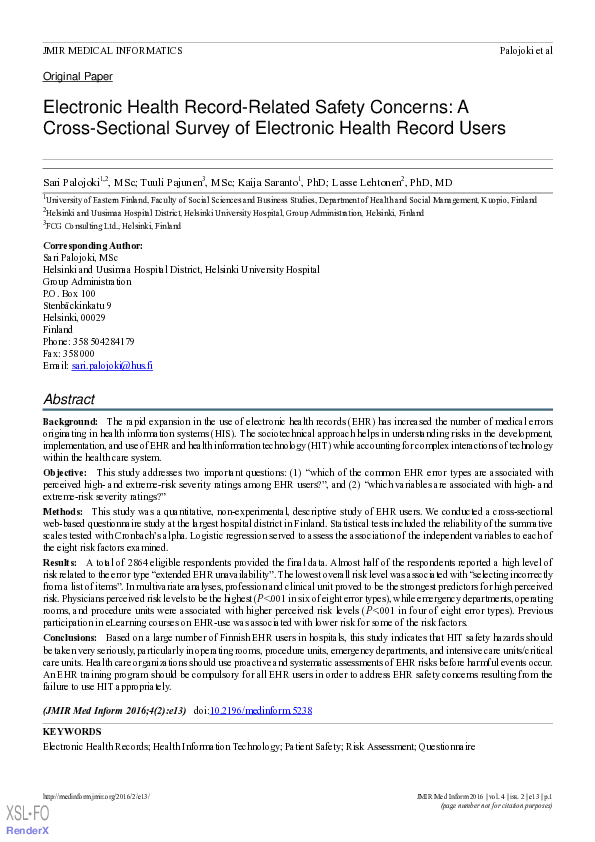(PDF) Electronic Health Record-Related Safety Concerns: A Cross-Sectional Survey of Electronic ...