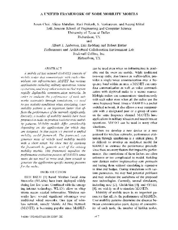 Pdf A Unified Framework Of Node Mobility Models S Venkatesan