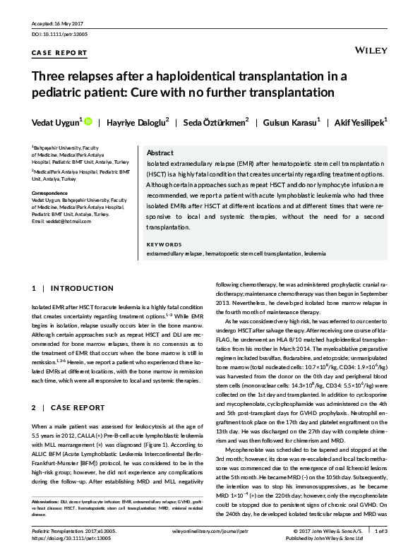 (PDF) Three relapses after a haploidentical transplantation in a pediatric patient: Cure with no ...