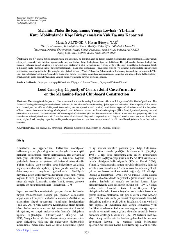(PDF) Melamin Plaka İle Kaplanmış Yonga Levhalı (YL-Lam) Kutu Mobilyalarda Köşe Birleştirmelerin ...