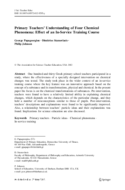 (PDF) Primary Teachers’ Understanding of Four Chemical Phenomena: Effect of an In-Service ...