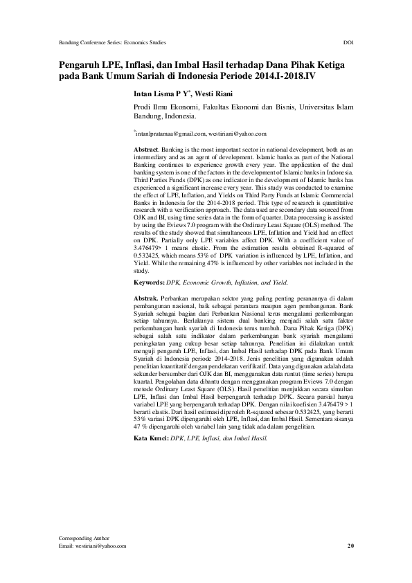 (PDF) Pengaruh LPE, Inflasi, dan Imbal Hasil terhadap Dana Pihak Ketiga pada Bank Umum Sariah di ...
