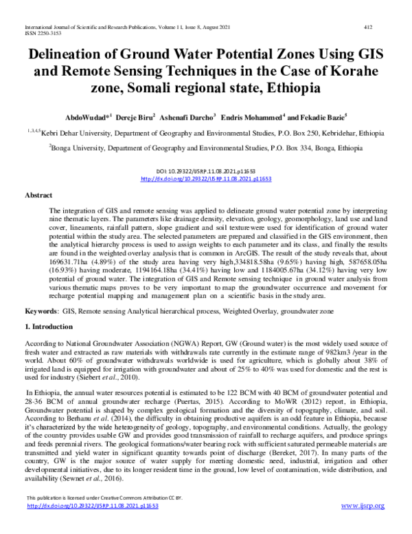 (PDF) Delineation of Ground Water Potential Zones Using GIS and Remote Sensing Techniques in the ...