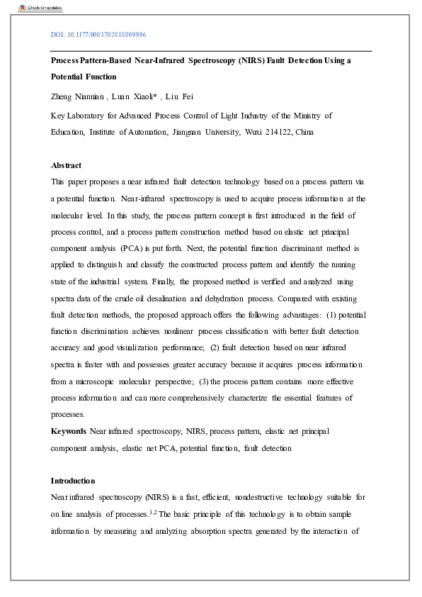 (PDF) EXPRESS: Process Pattern-Based Near Infrared (NIR) Spectroscopy Fault Detection Using a ...