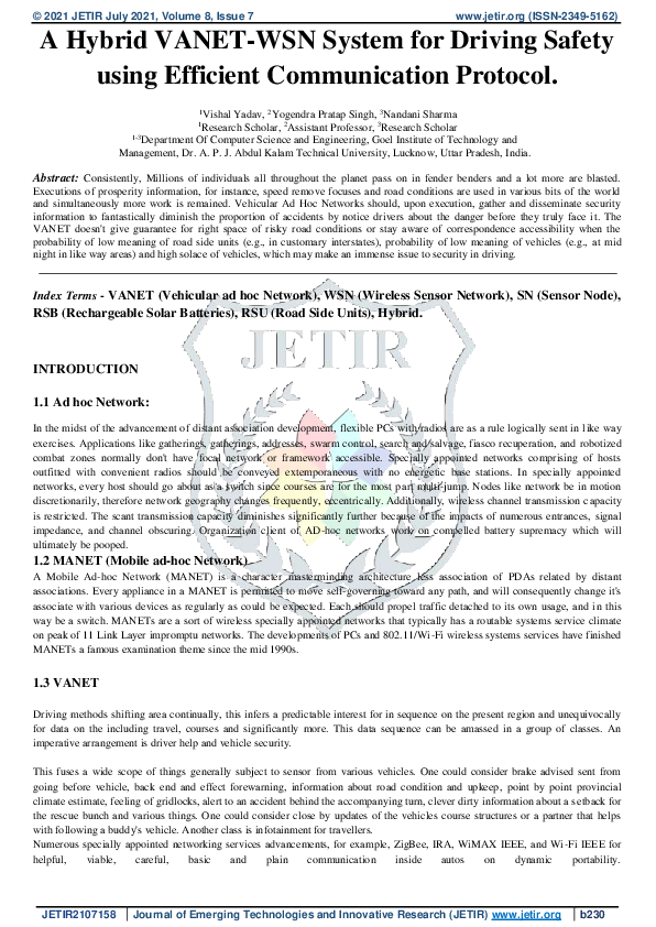 (PDF) A Hybrid VANET-WSN System for Driving Safety using Efficient Communication Protocol