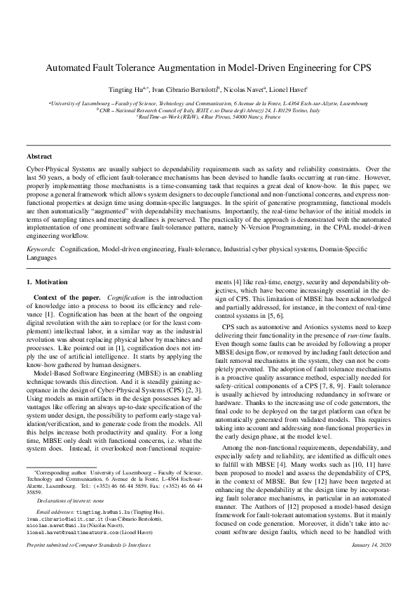 (PDF) Automated fault tolerance augmentation in model-driven engineering for CPS