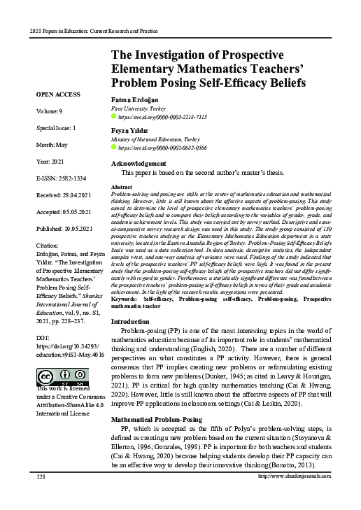 Pdf The Investigation Of Prospective Elementary Mathematics Teachers Problem Posing Self