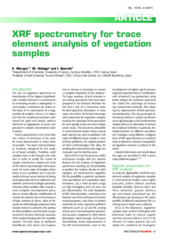 (PDF) XRF spectrometry for trace element analysis of vegetation samples
