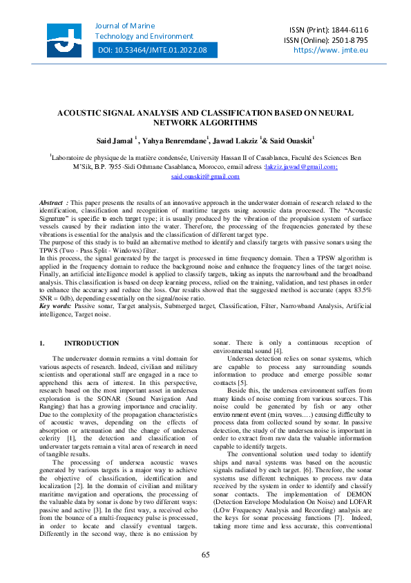 (PDF) Acoustic Signal Analysis and Classification Based on Neural ...