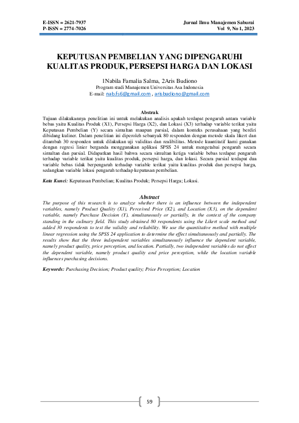 (PDF) Keputusan Pembelian Yang Dipengaruhi Kualitas Produk, Persepsi Harga Dan Lokasi