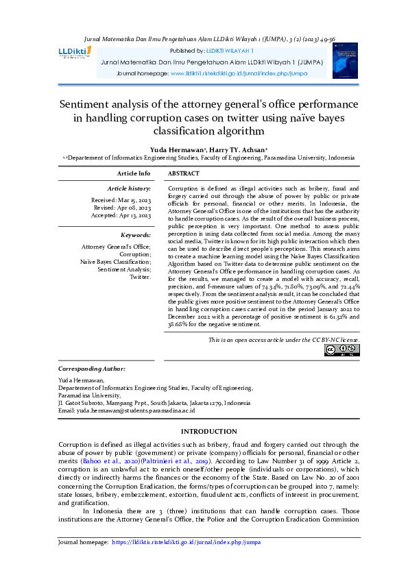(PDF) Sentiment analysis of the attorney general's office performance in handling corruption ...