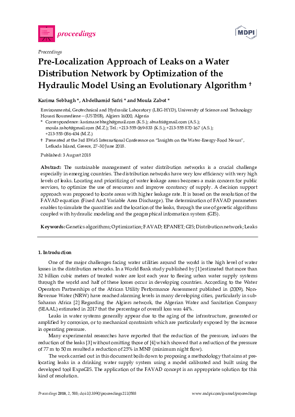 (PDF) Pre-Localization Approach of Leaks on a Water Distribution Network by Optimization of the ...