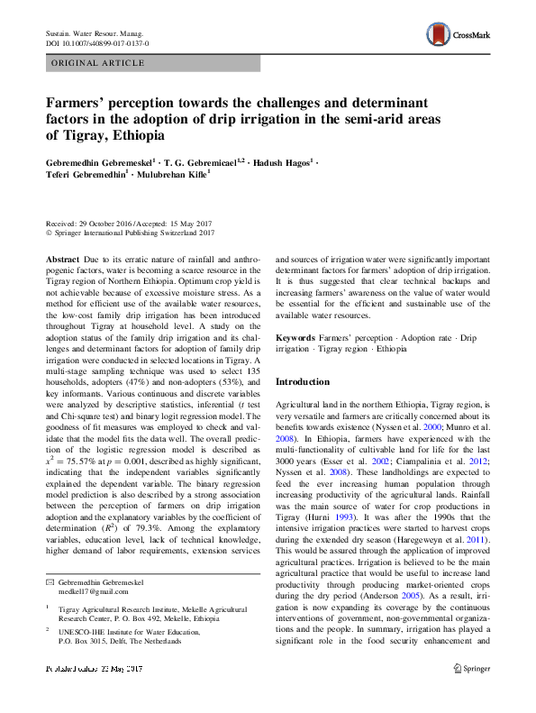 (PDF) Farmers’ perception towards the challenges and determinant factors in the adoption of drip ...