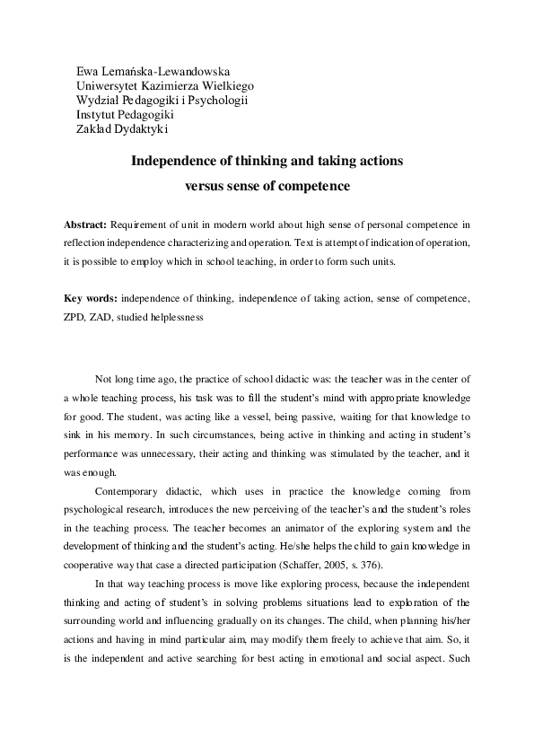 (PDF) Independence of thinking and taking actions versus sense of ...