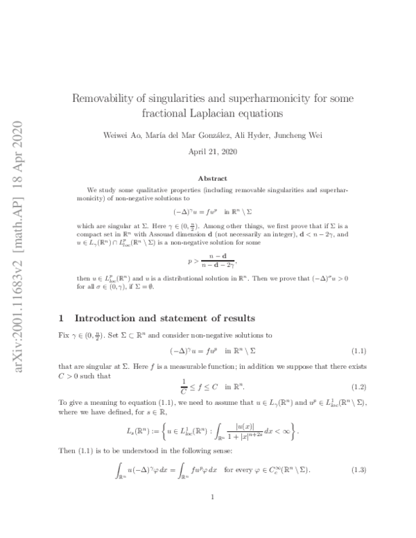 (PDF) Removability of singularities and superharmonicity for some ...