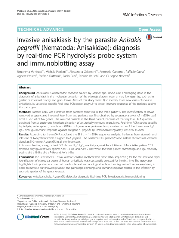 (PDF) Invasive anisakiasis by the parasite Anisakis pegreffii (Nematoda ...