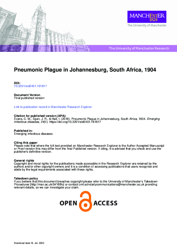 (PDF) Pneumonic Plague in Johannesburg, South Africa, 1904 | Charles ...