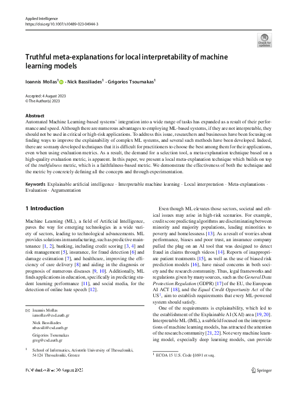 (PDF) Truthful meta-explanations for local interpretability of machine learning models | Ioannis ...