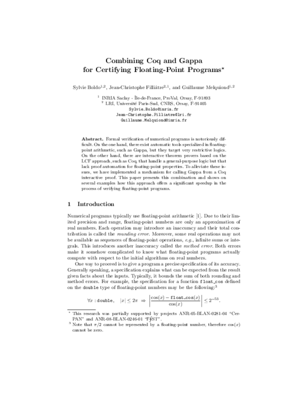 (PDF) Combining Coq and Gappa for Certifying Floating-Point Programs