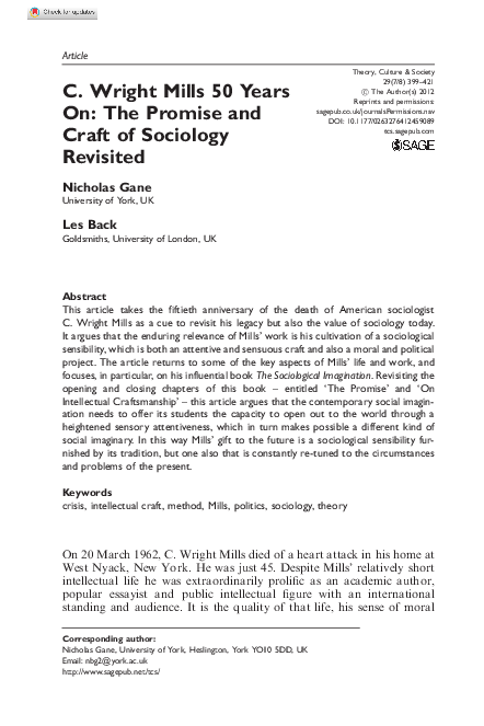 (PDF) C. Wright Mills 50 Years On: The Promise and Craft of Sociology ...