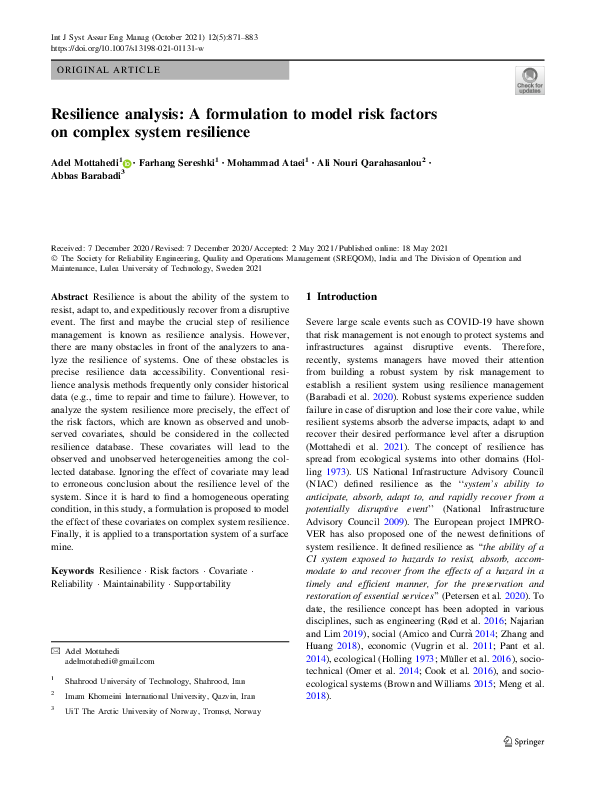 (PDF) Resilience analysis: A formulation to model risk factors on complex system resilience