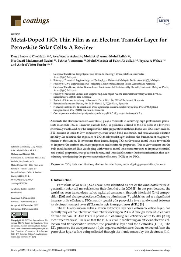 Pdf Metal Doped Tio2 Thin Film As An Electron Transfer Layer For Perovskite Solar Cells A Review