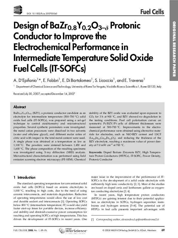 (PDF) Design of BaZr0.8Y0.2O3–δ Protonic Conductor to Improve the ...