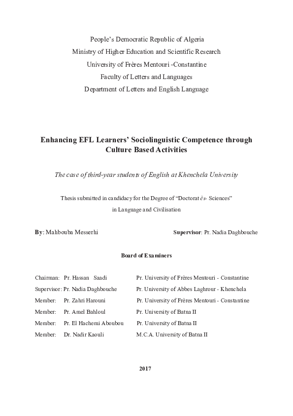 (PDF) Enhancing EFL learners’ sociolinguistic competence through culture based activities