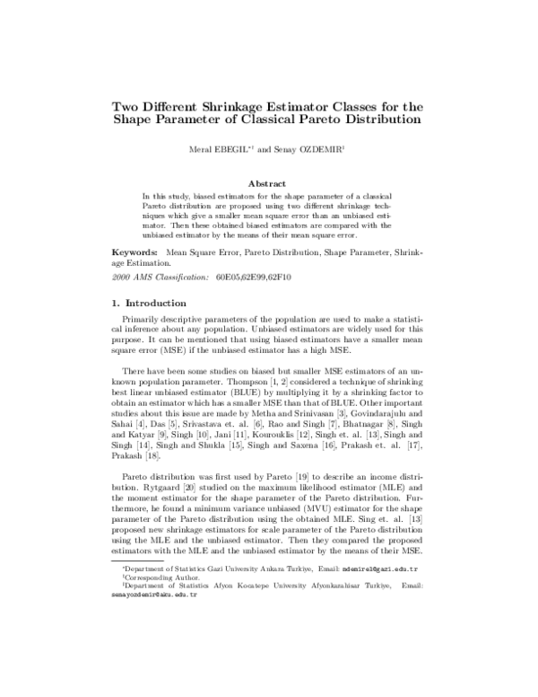 Pdf Two Different Shrinkage Estimator Classes For The Shape Parameter Of Classical Pareto