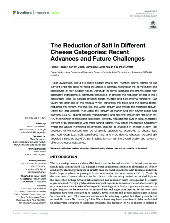 (PDF) The Reduction of Salt in Different Cheese Categories: Recent ...