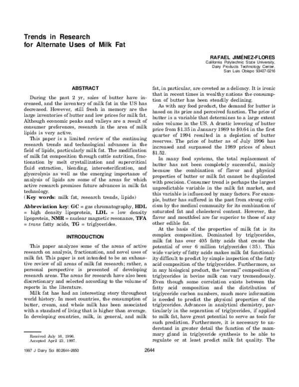 (PDF) Trends in Research for Alternate Uses of Milk Fat
