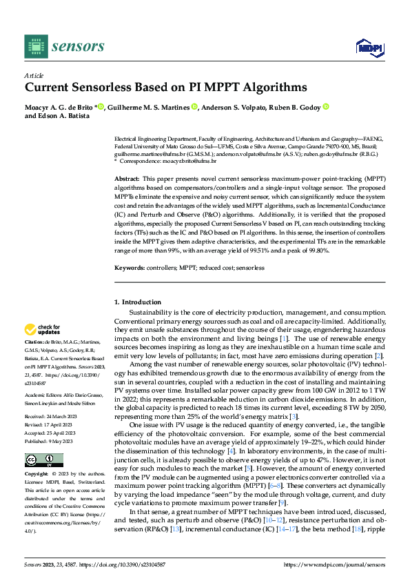 Pdf Current Sensorless Based On Pi Mppt Algorithms 