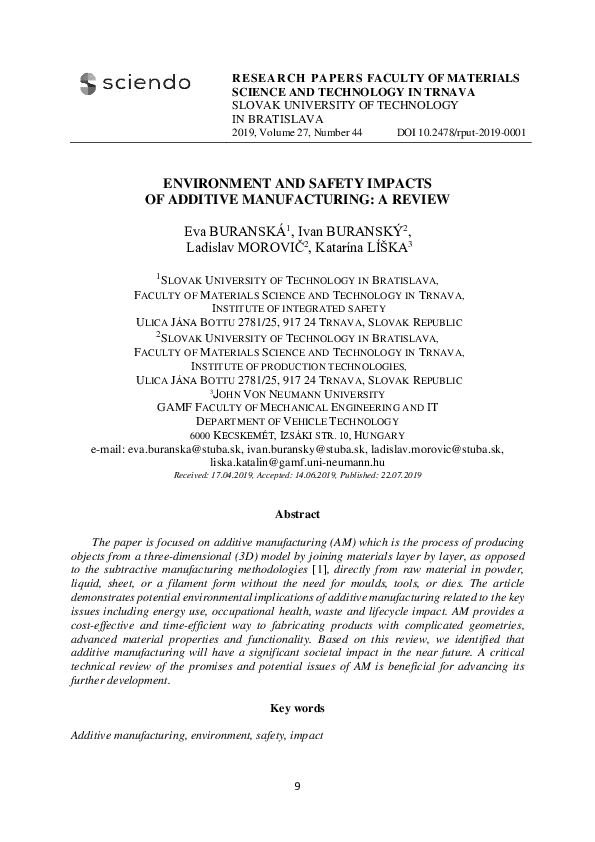 (PDF) Environment and Safety Impacts of Additive Manufacturing: A Review
